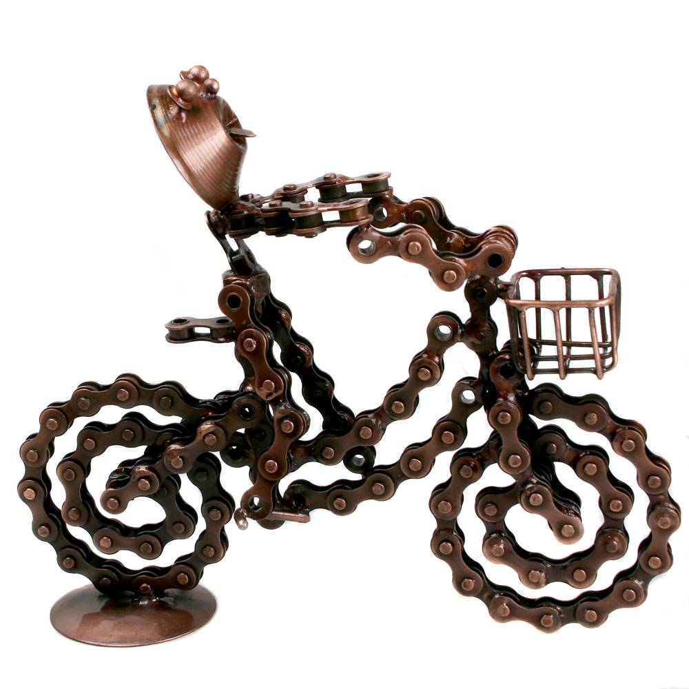 Bike chain model bicycle with cyclist and basket