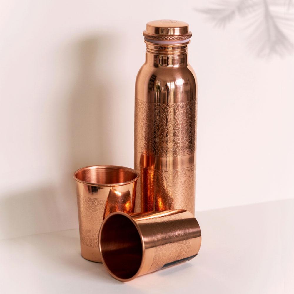 Copper bottle and cups gift set, engraved design