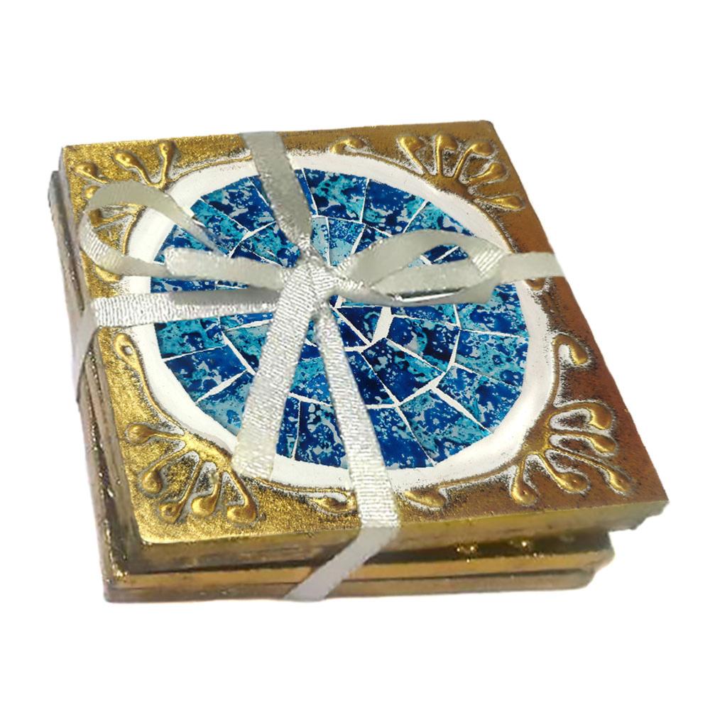 Set of 4 gold coloured square coasters, blue mosaic