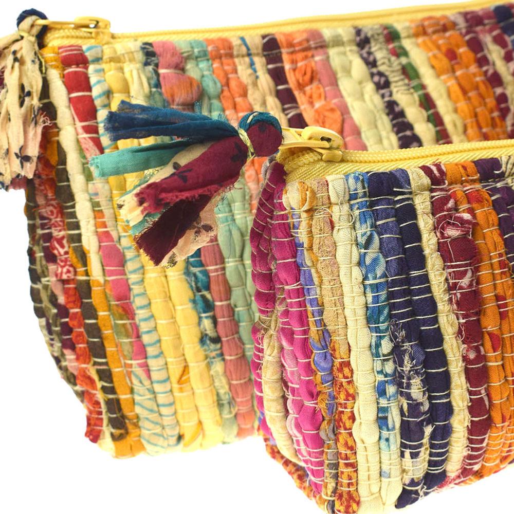 Set of 2 rag chindi pouch bags recycled sari base colour yellow 24x14 ...