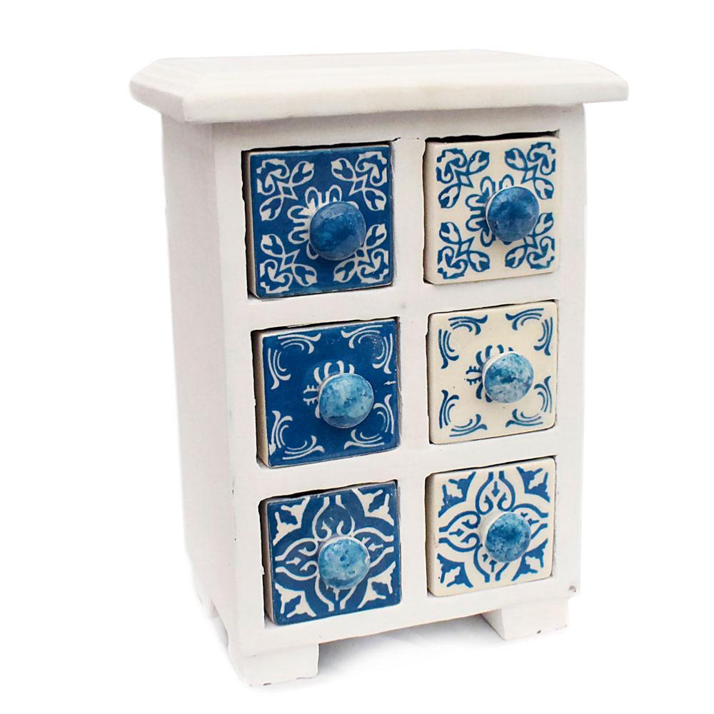 Wooden mini chest blue & white, 6 ceramic drawers