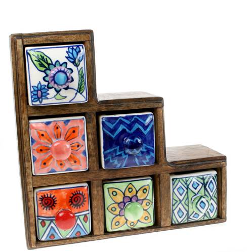 Wooden mini chest, 3+2+1 ceramic drawers