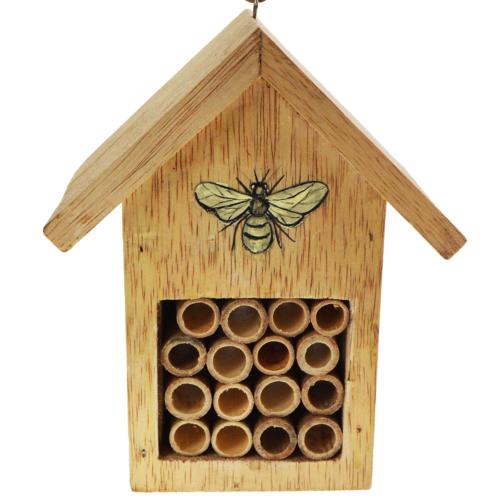 Wood and bamboo bee/bug hotel house shape with sloping roof bee motif ...