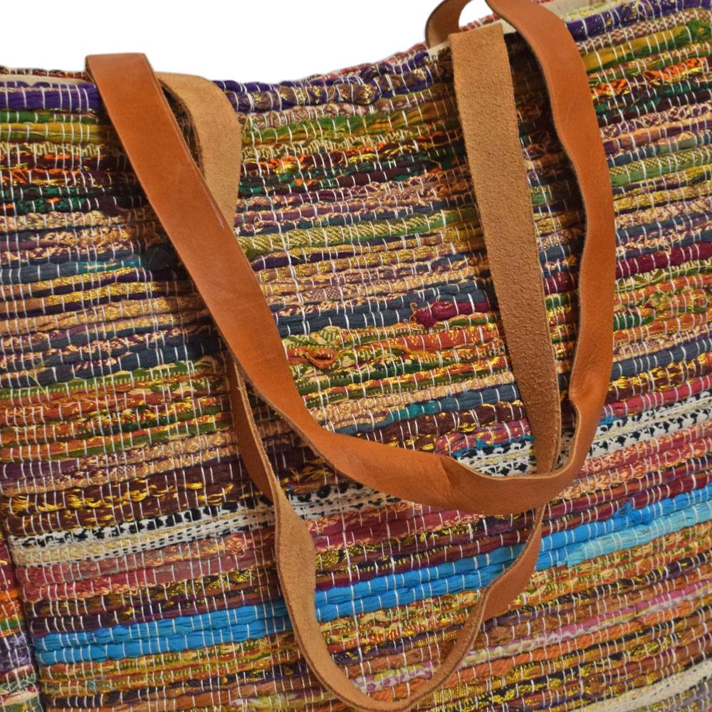 Rag chindi tote/carry bag recycled sari multicoloured 31x31x19cm