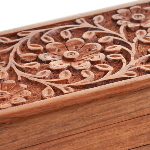 Secret Lock Box Hand Carved Sheesham Wood with Floral Carving 15x9.5x5.5cm