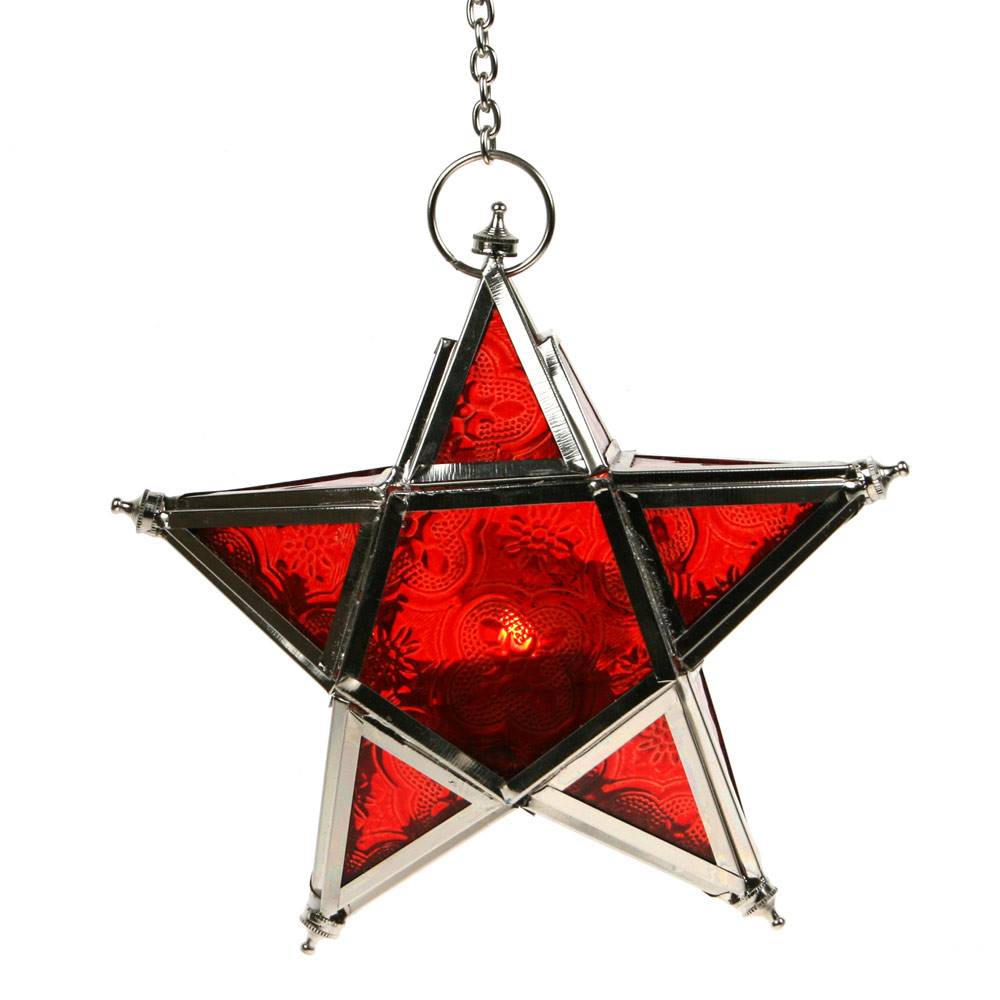 Lantern, star shape red, 17cm with chain