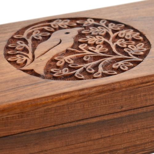 Secret Lock Box Hand Carved Sheesham Wood with Bird on Tree 20x12x6cm